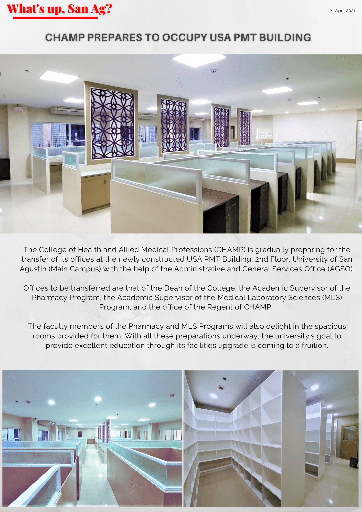 CHAMP PREPARES TO OCCUPY USA PMT BUILDING - UNIVERSITY OF SAN AGUSTIN