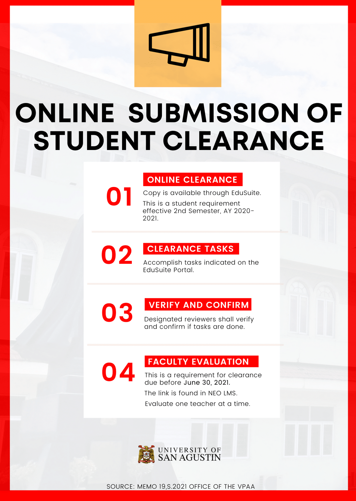 ONLINE SUBMISSION OF STUDENT CLEARANCE - UNIVERSITY OF SAN AGUSTIN