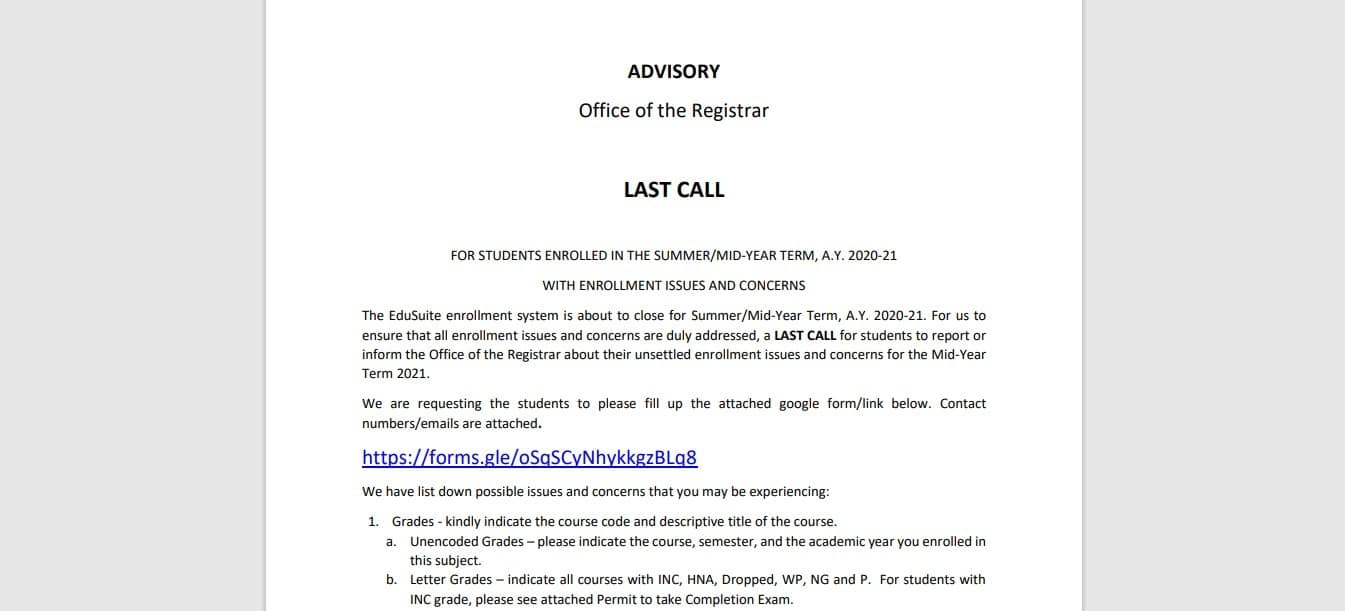 Final Call for Enrollment Issues and Concerns for Students (Summer/Mid ...