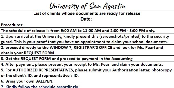 Documents for Releasing - UNIVERSITY OF SAN AGUSTIN