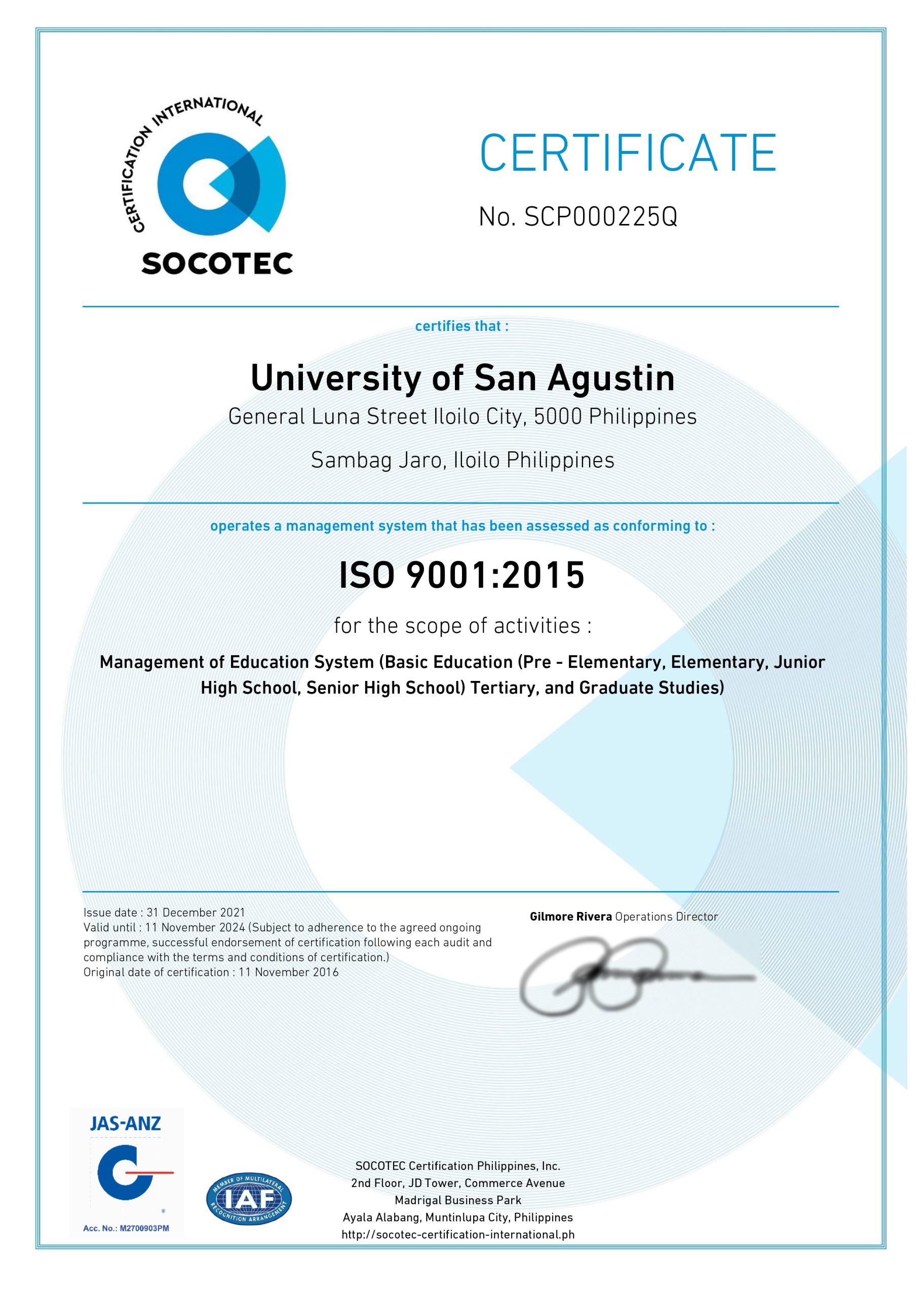 USA is ISO 9001:2015 Certified - UNIVERSITY OF SAN AGUSTIN