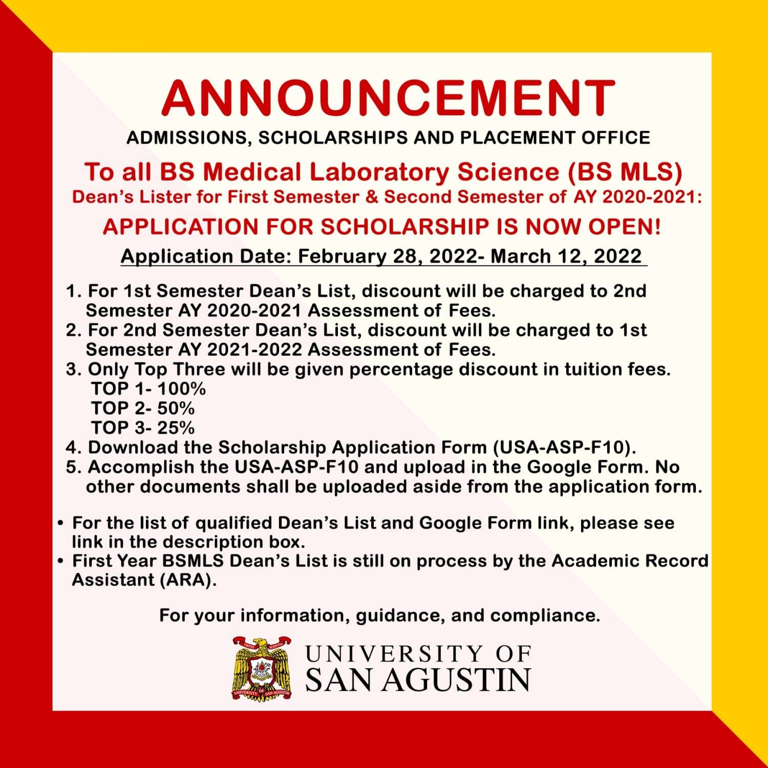 BS MLS Dean's Lister AY 2020-2021 Scholarship Application - UNIVERSITY ...