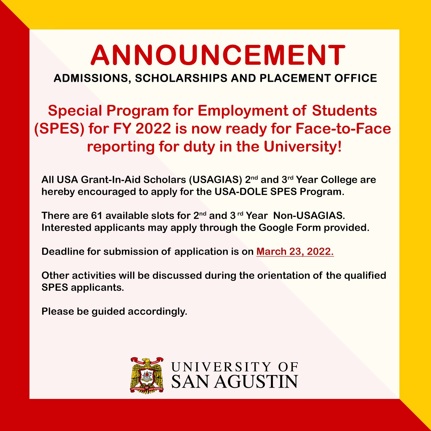SPES SCHOLARSHIP FY 2022 APPLICATION - UNIVERSITY OF SAN AGUSTIN