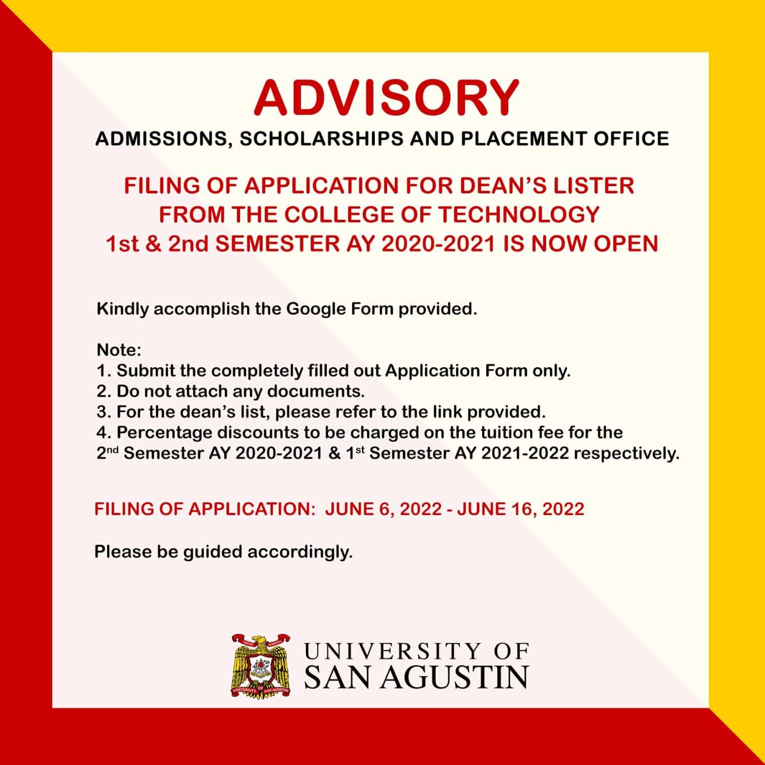 FILING OF APPLICATION FOR DEAN'S LISTERFROM THE COLLEGE OF ...