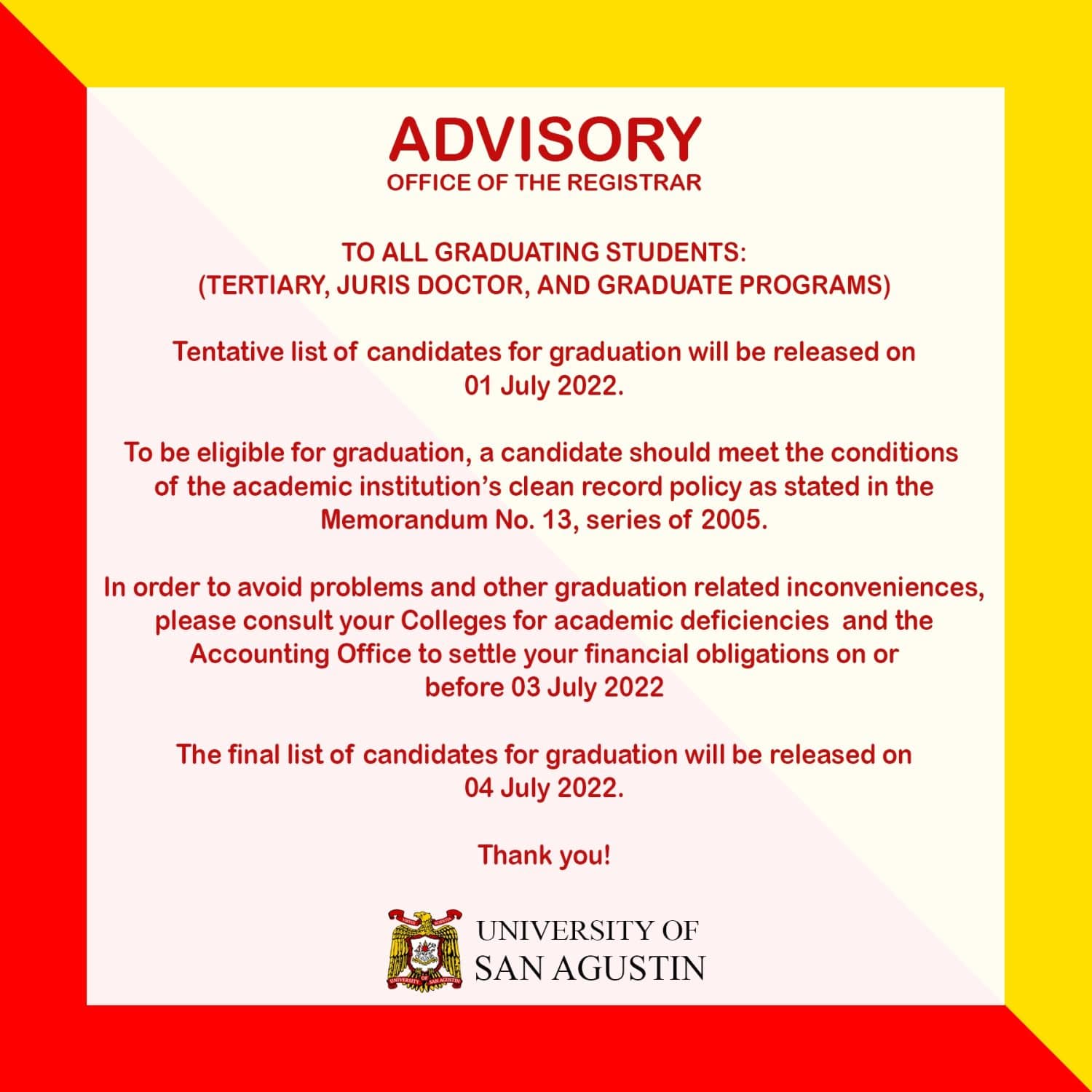 Advisory regarding the Candidates for Graduation - UNIVERSITY OF SAN ...