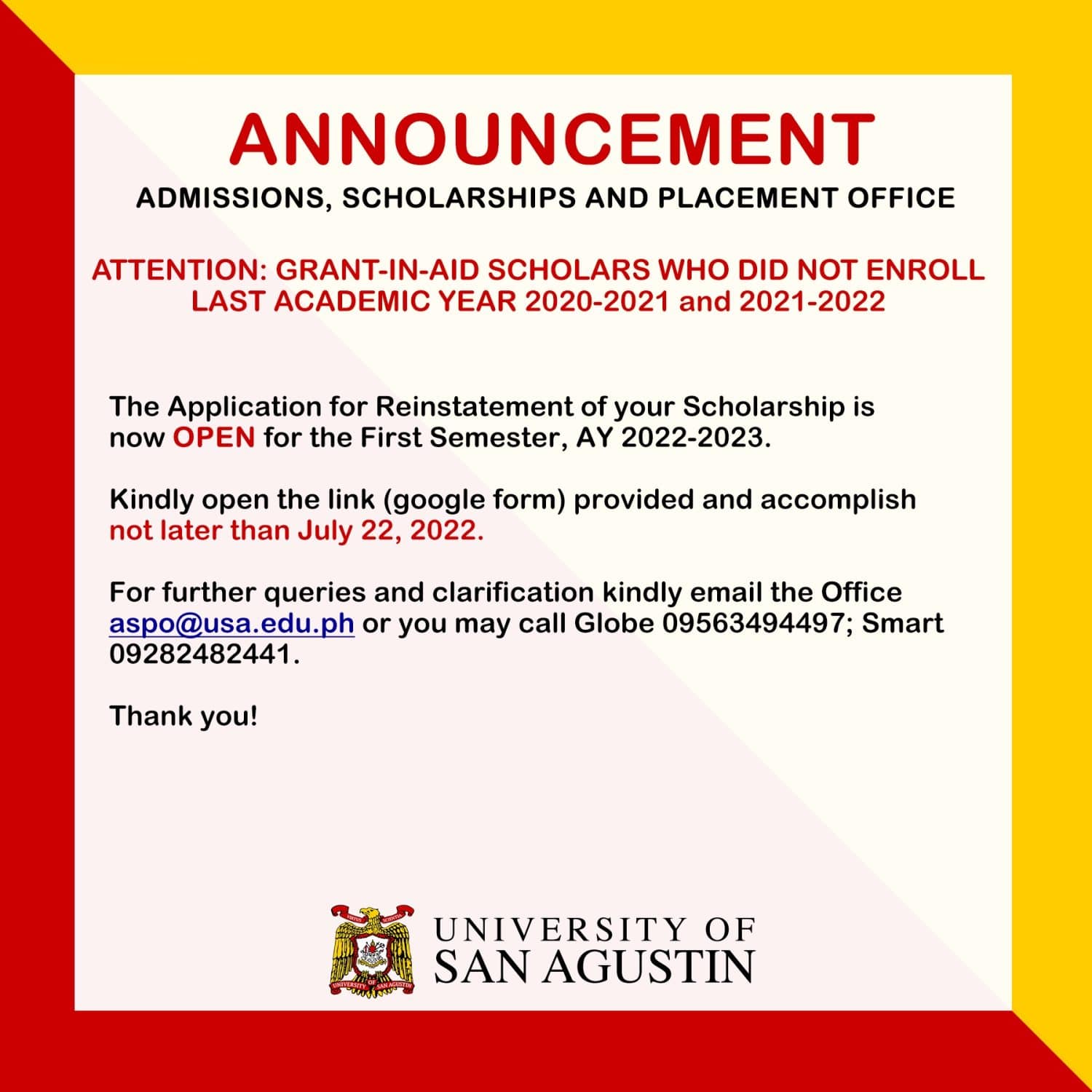 TO ALL GRANT-IN-AID SCHOLARS WHO DID NOT ENROLL LAST ACADEMIC YEAR 2020 ...