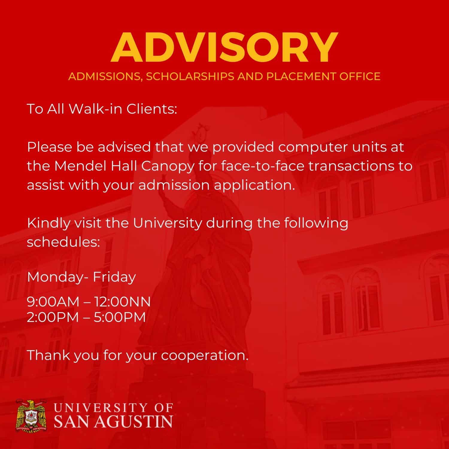 ADVISORY FROM ASPO: On-site Admission Application - UNIVERSITY OF SAN ...
