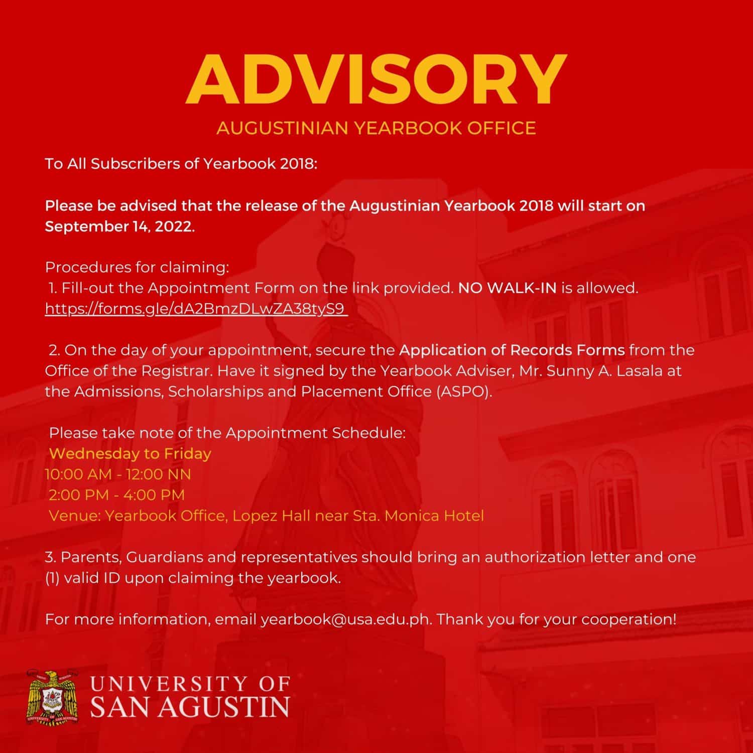 ADVISORY FROM THE YEARBOOK OFFICE: YEARBOOK 2018 - UNIVERSITY OF SAN ...