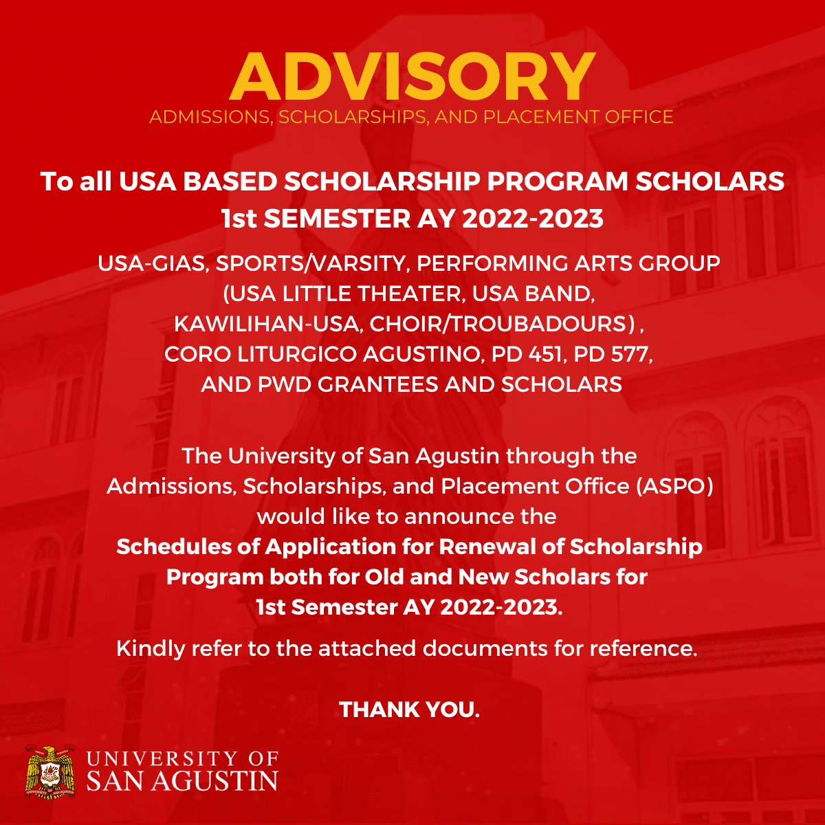 ADVISORY FROM ASPO: SCHEDULE FOR RENEWAL OF SCHOLARSHIP PROGRAM ...