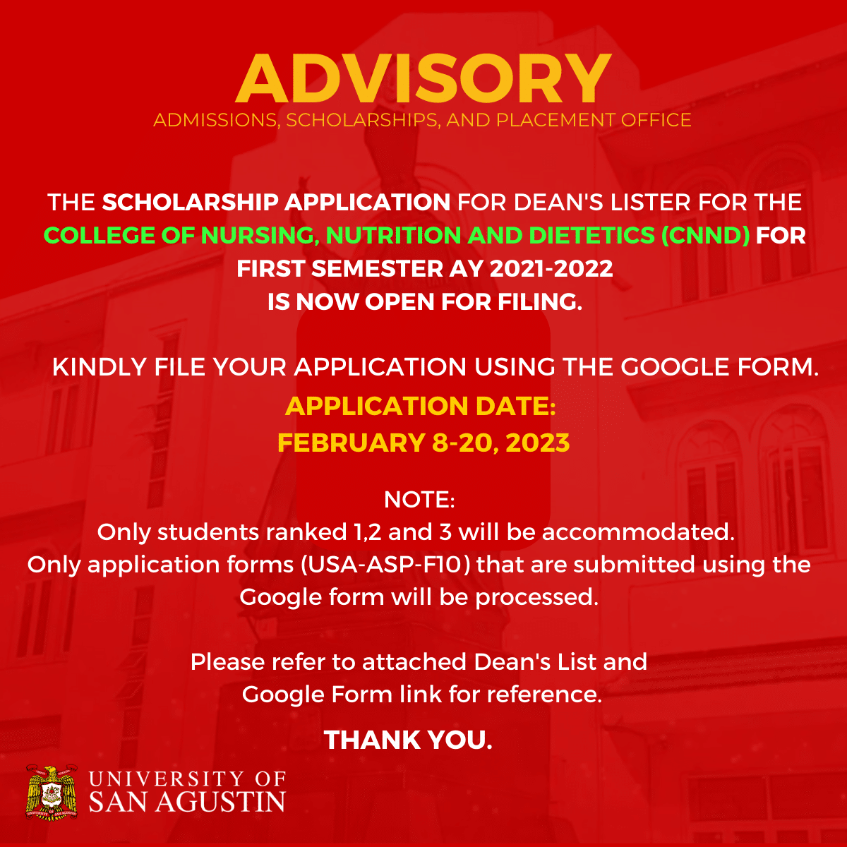 SCHOLARSHIP APPLICATION FOR DEAN'S LISTER FOR CNND FOR FIRST SEMESTER ...