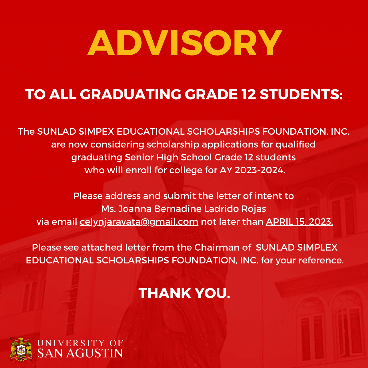 To GRADUATING GRADE 12 STUDENTS: Scholarship Applications for Sunlad ...