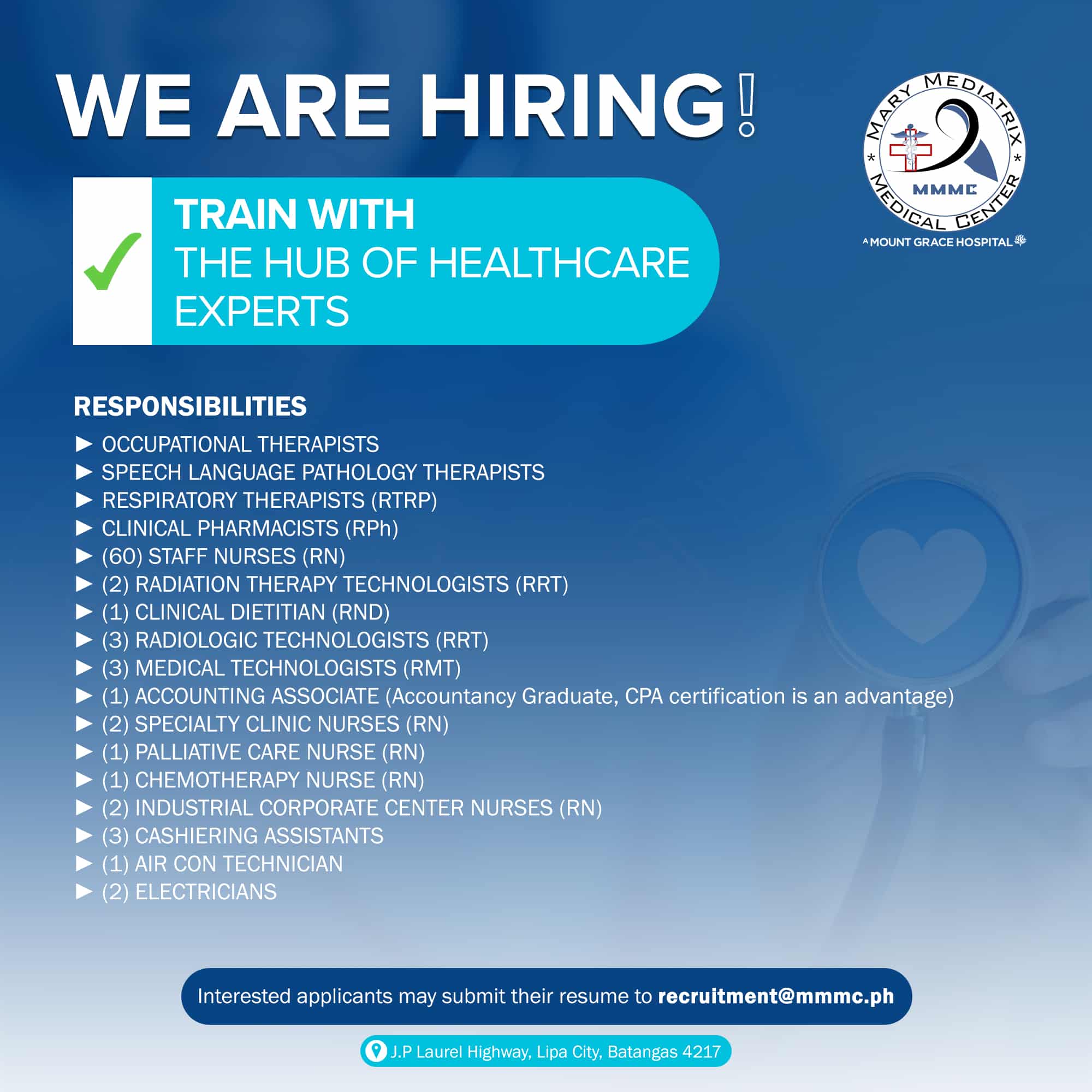 Mary Mediatrix Medical Center is hiring! - UNIVERSITY OF SAN AGUSTIN