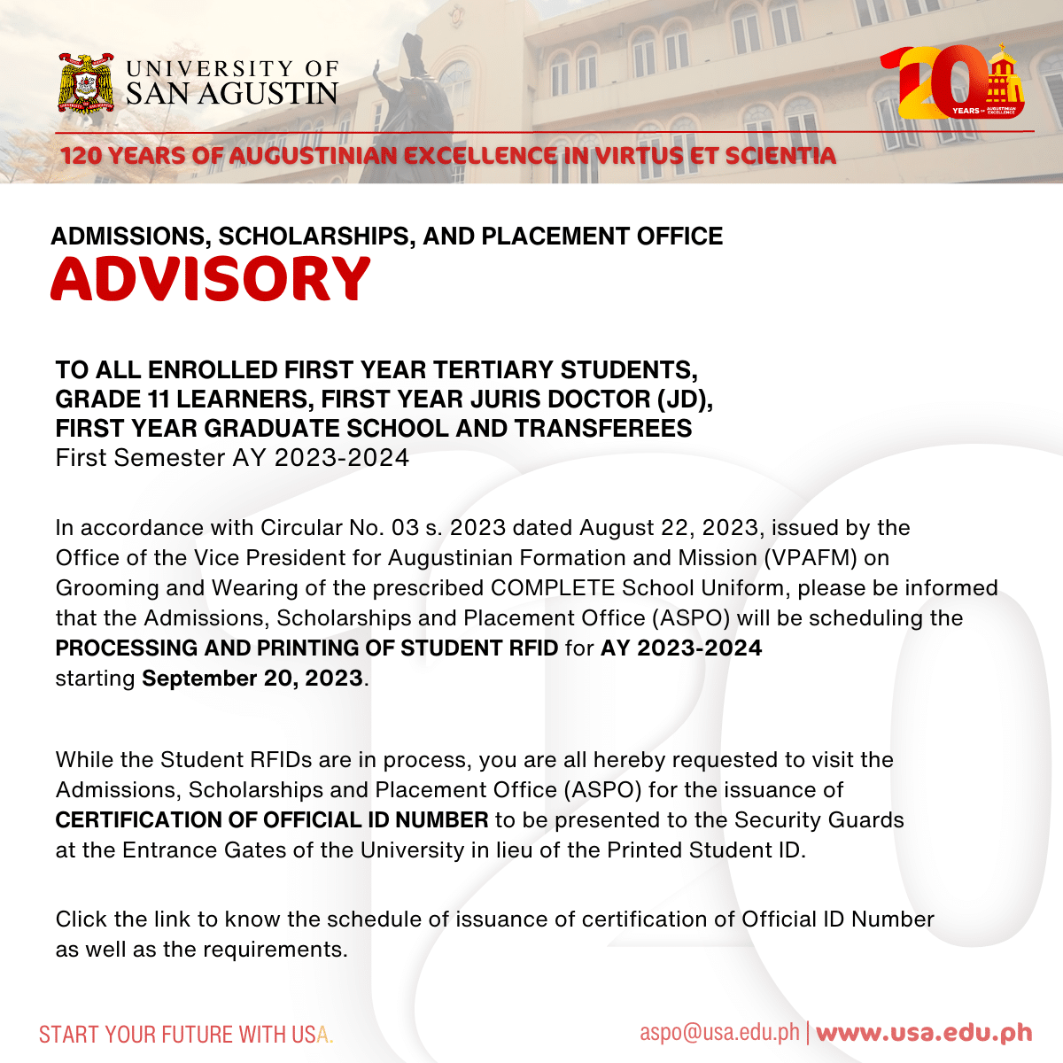 Certification of Official ID Number - UNIVERSITY OF SAN AGUSTIN