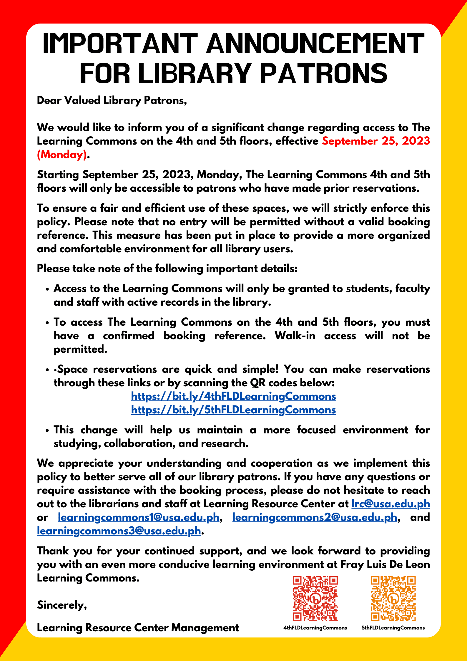 Important Announcement for Library Patrons (FLD Learning Commons Space ...